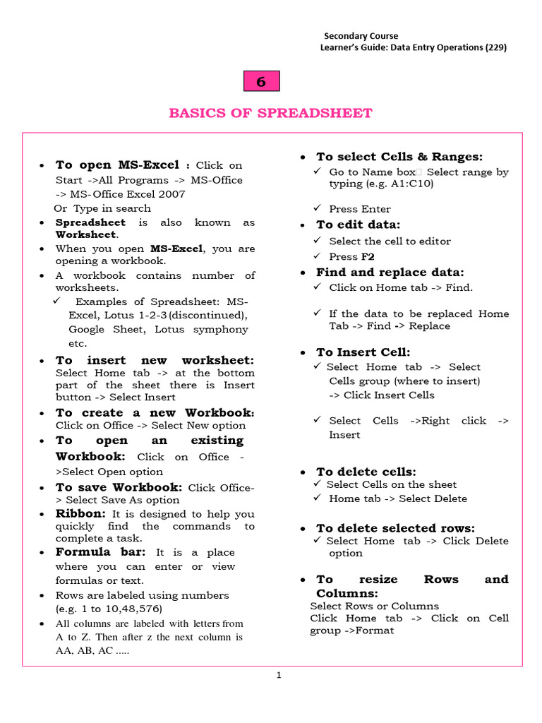 Lesson 6 - Learners Guide | PDF | Microsoft Excel | Spreadsheet