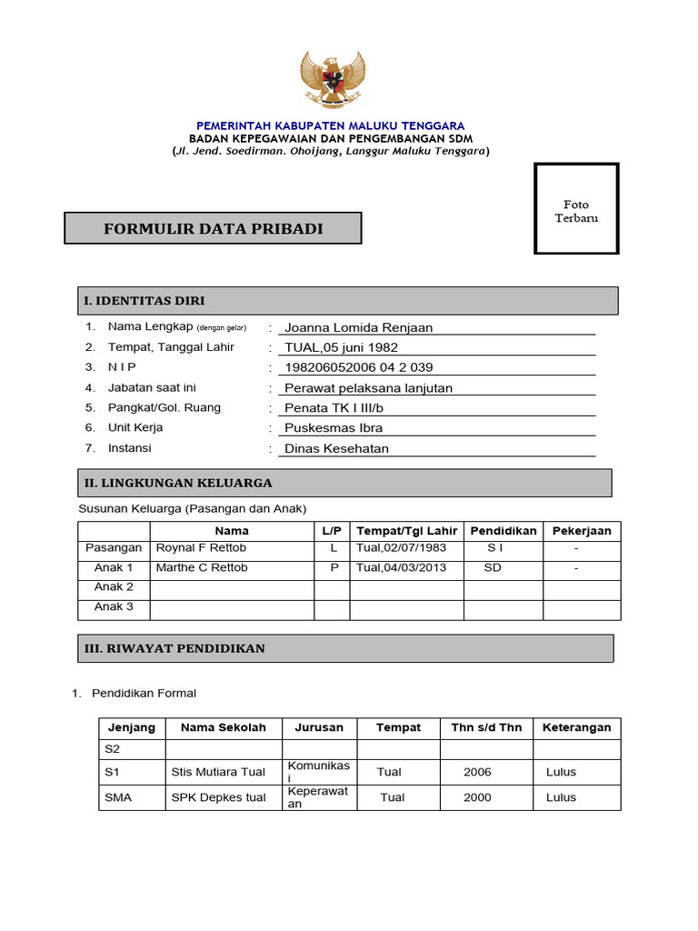 Formulir Data Pribadi: I. Identitas Diri | PDF | Karier & Perkembangan