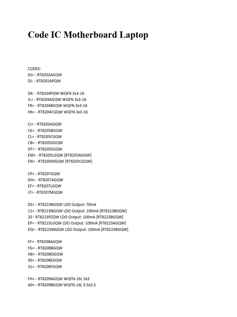 Laptop Motherboard IC Code List | PDF