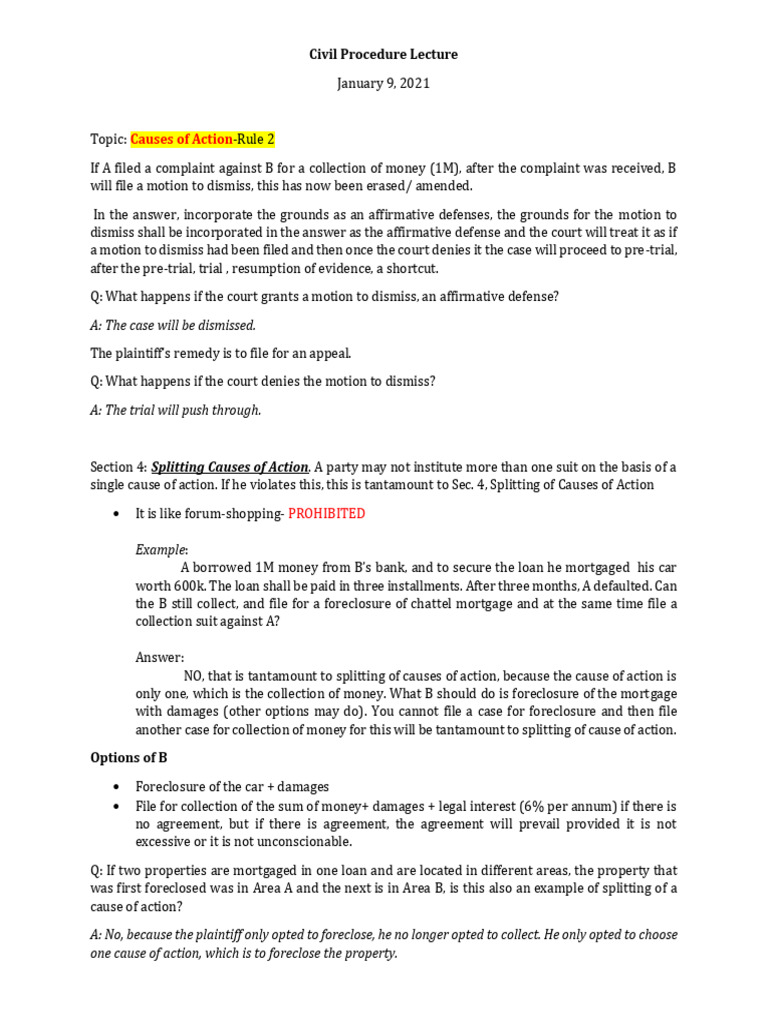 Civil Procedure Lecture Part1 - January9 COA and PArties | PDF | Lawsuit | Foreclosure