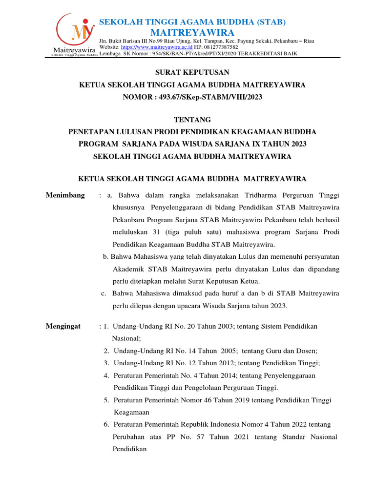 Surat No. 493.67, SK Wisuda Sarjana Prodi PKB STAB Maitreyawira Tahun 2023 | PDF