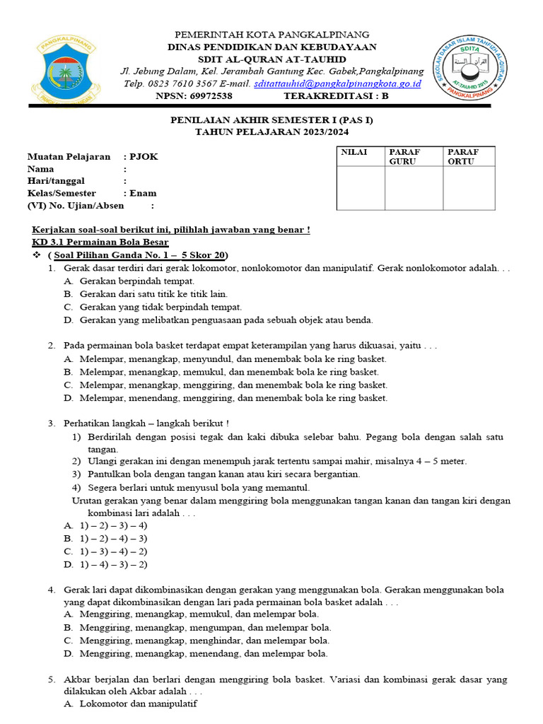 Soal Pas Pjok SMT1 Kelas 6 2023 2024 | PDF