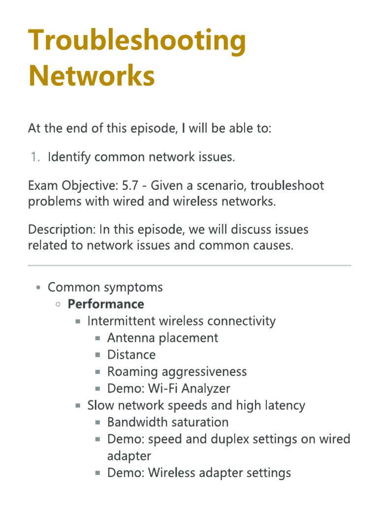 Comptia Aplus2201101 5 9 1 Troubleshooting Networks | PDF