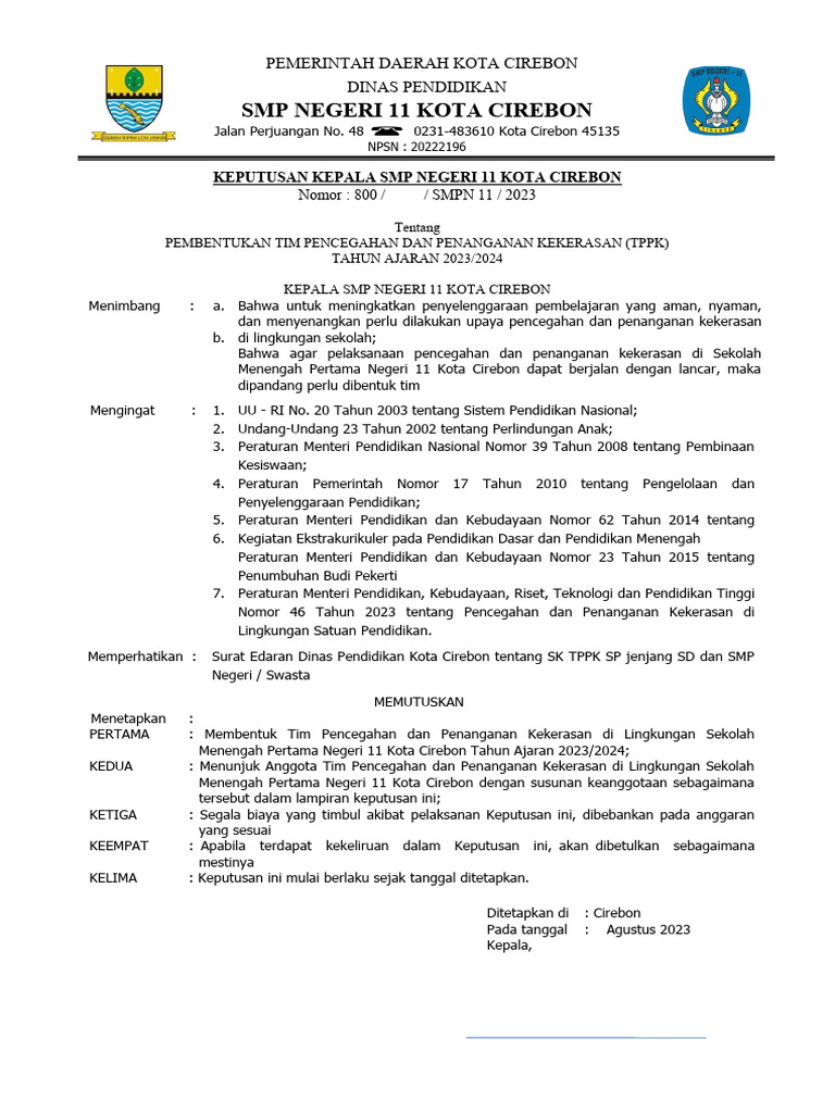 SK-Tim Pencegahan Kekerasan-Th-2023-2024 | PDF