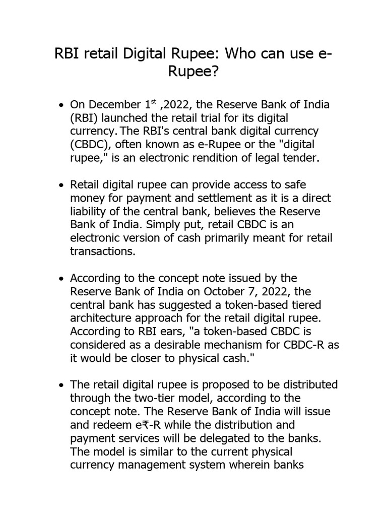 RBI Retail Digital Rupee | PDF | Service Industries | Money