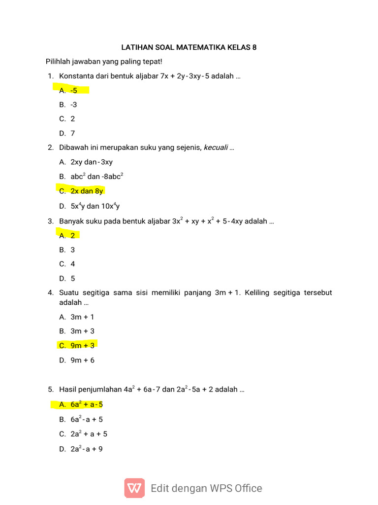 Latihan Soal Matematika Kelas 8 | PDF