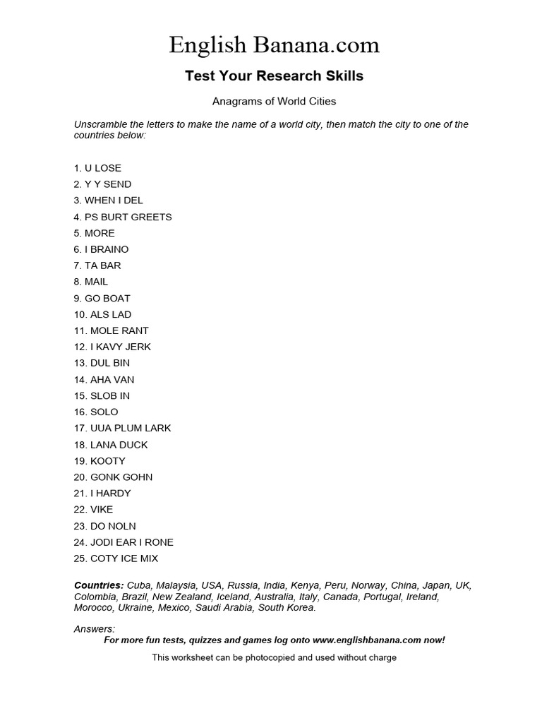 Anagrams of World Cities Ires13 | PDF