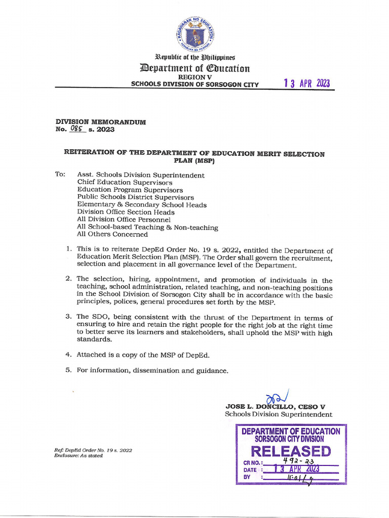 DM2023 085 Reiteration of The Deped Merit Selection Plan | PDF