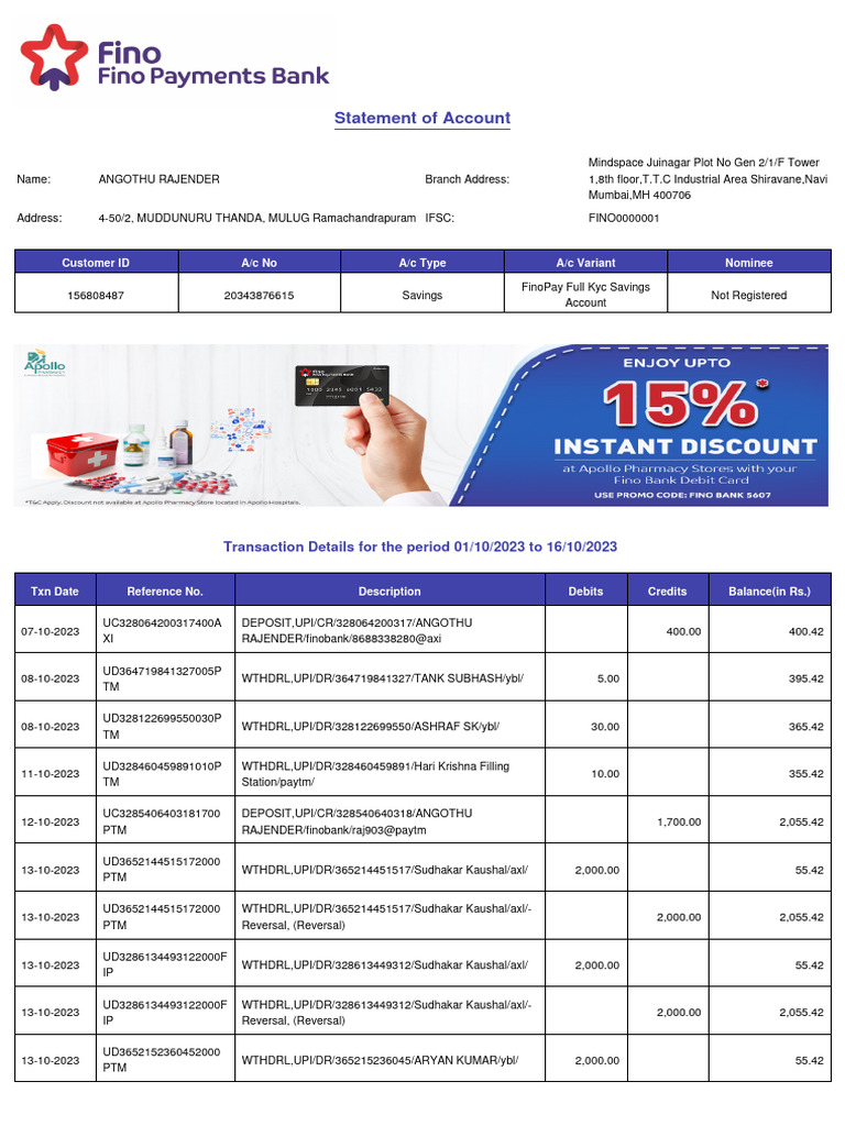 Fino Payments Bank Account Statement | PDF | Banks | Banking Technology