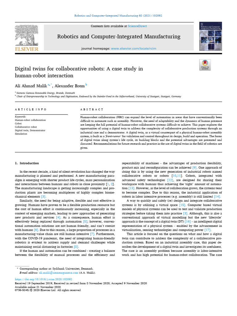 Digital Twins in Human-Robot Collaboration | PDF | Automation | Product ...