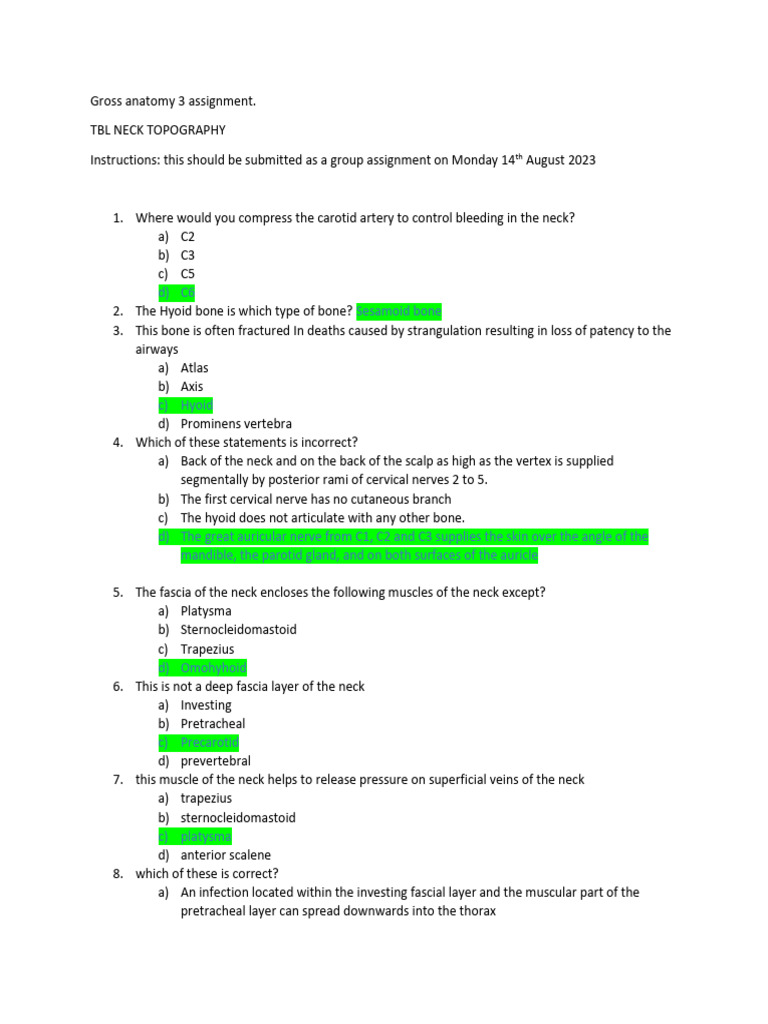 TBL NECK TOPOGRAPHY (Answered) | PDF | Neck | Vein