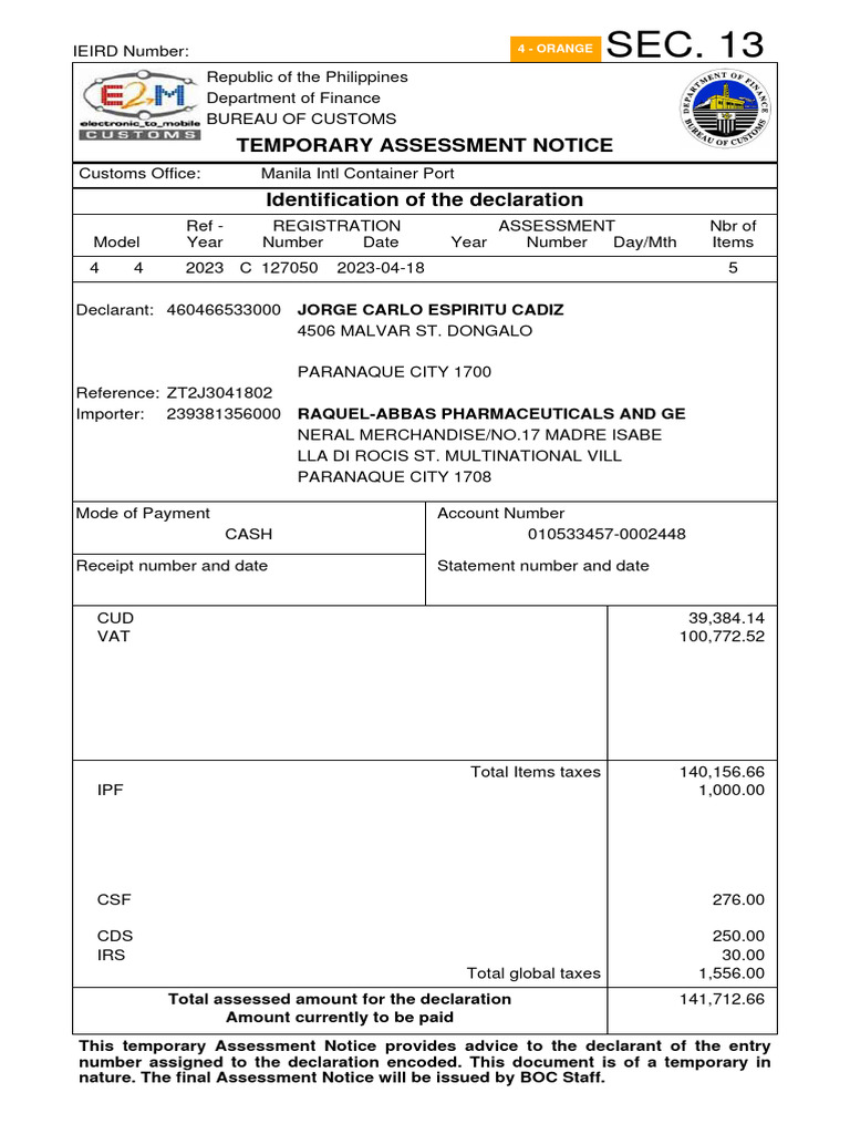 Sample Temporary Assessment Notice | PDF