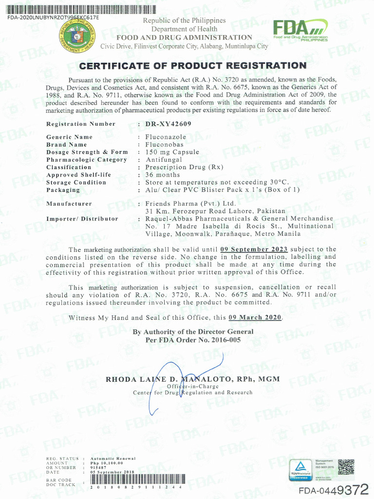 Sample Certificate of Product Registration | PDF