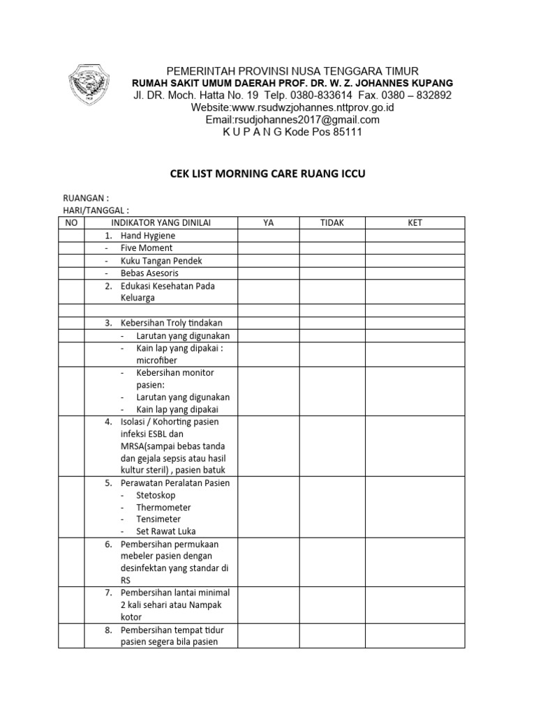 CEK LIST MORNING CARE RUANGAN RAWAt ICU Dan ICCU | PDF | Sains & Matematika | Kesehatan Holistik