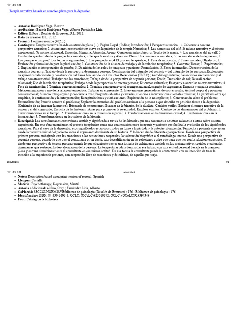 Terapia Narrativa para La Atencion Plena Resumen | PDF | Depresión (estado de ánimo) | Conceptos ...