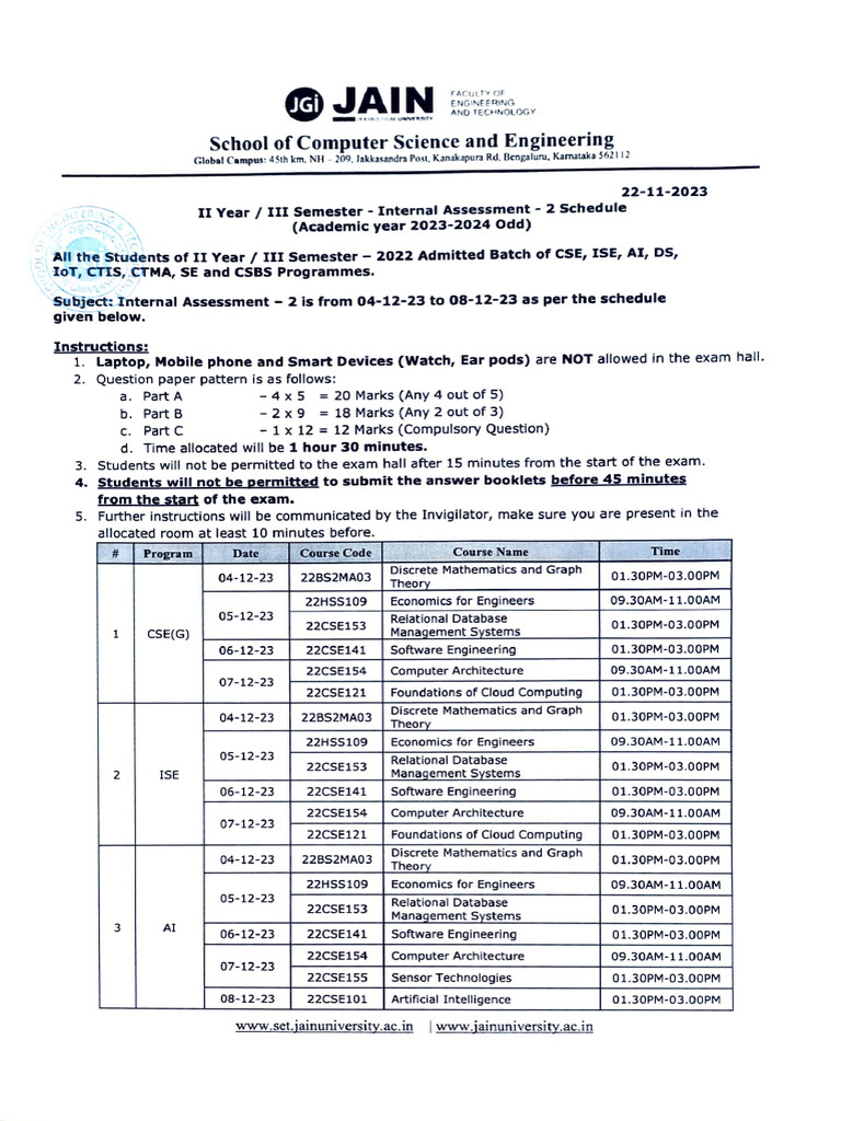 III Sem - Internal Assessment - 2 Time Table | PDF | Discrete Mathematics | Computer Science
