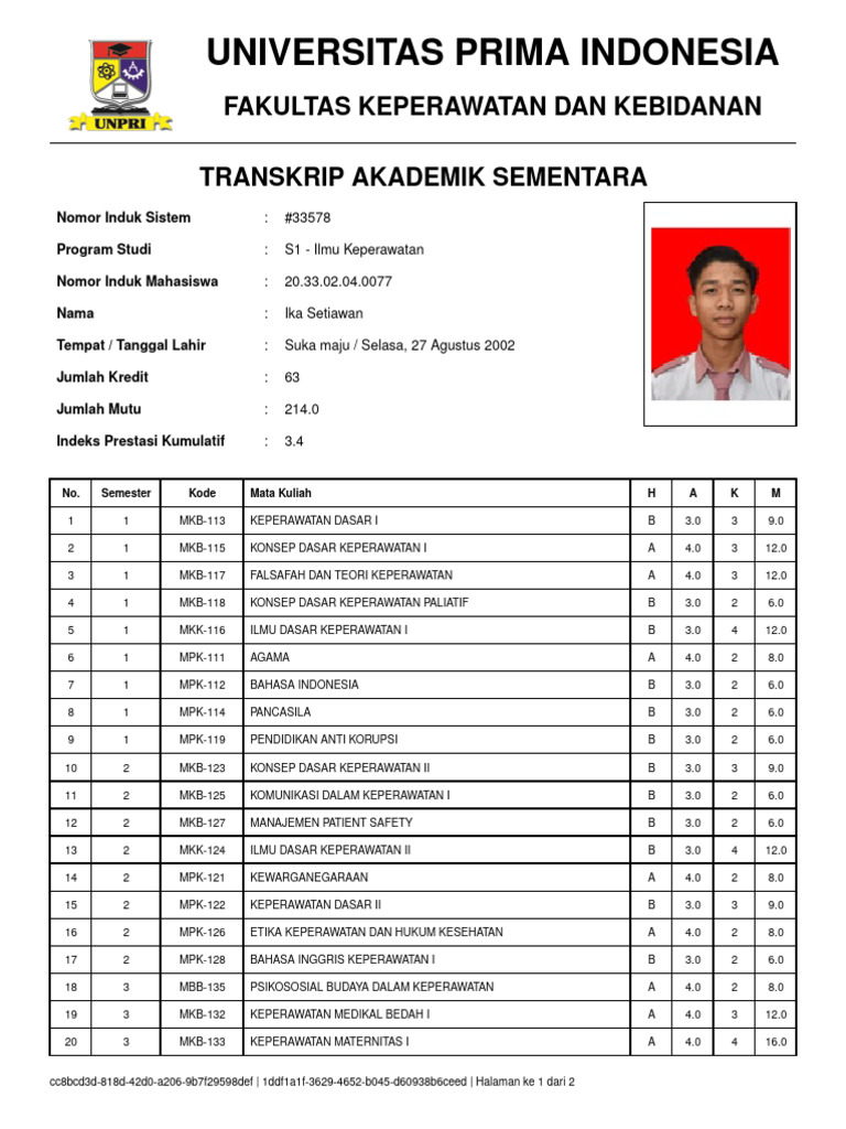Transkrip Nilai Ika Setiawan | PDF | Teknologi & Rekayasa