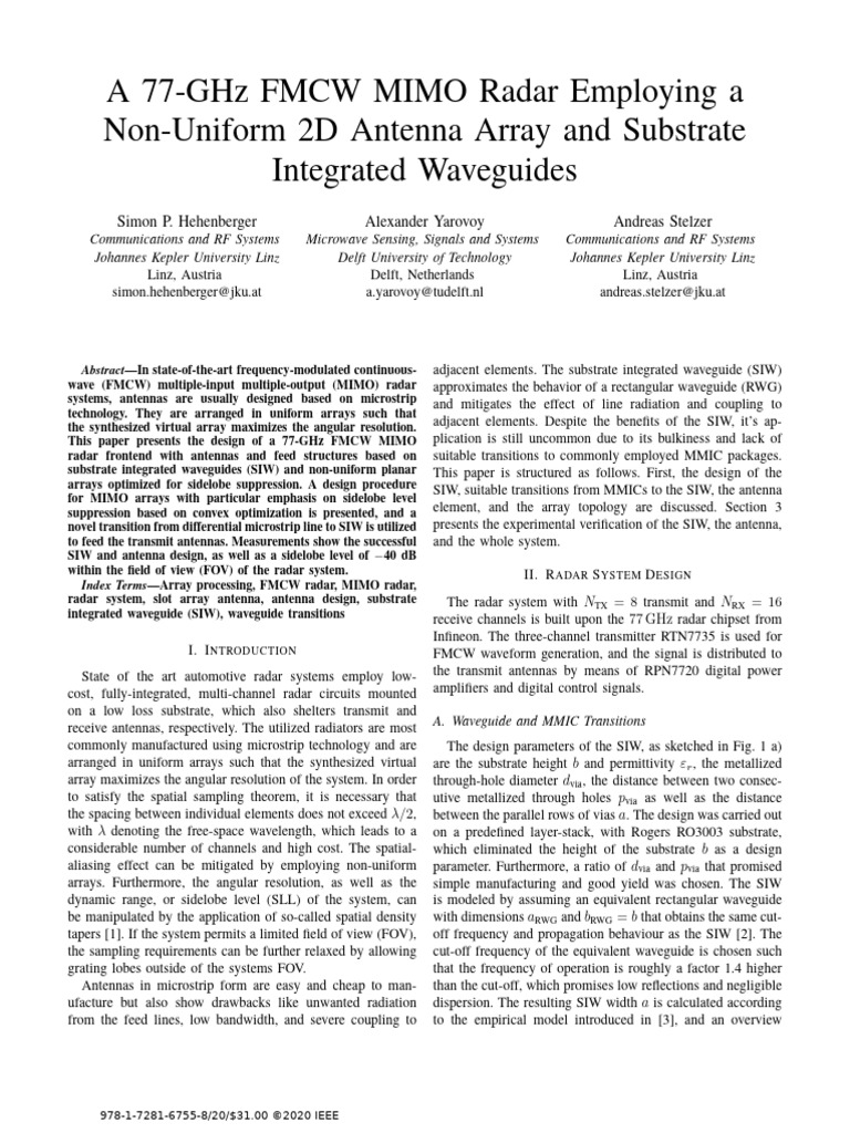 A 77-GHz FMCW MIMO Radar Employing A Non-Uniform 2D Antenna Array and ... A 77-GHz FMCW MIMO Radar Employing A Non-Uniform 2D Antenna Array and ...