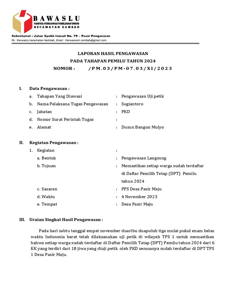 FORM A PENGAWASAN Uji Petik 4 Nov 2023 PDF