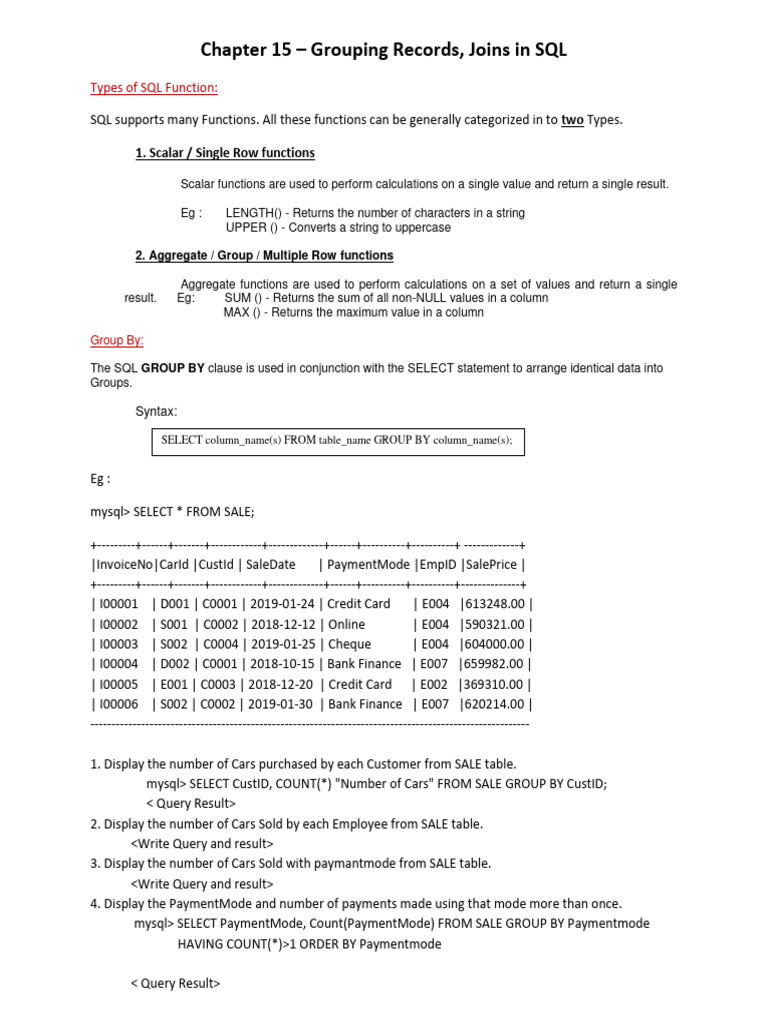 Chapter 15 Grouping and Joins in SQL | PDF | Table (Database) | Sql