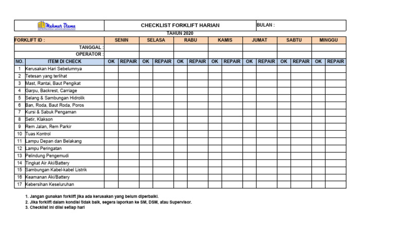 Checklist Forklift Harian | PDF