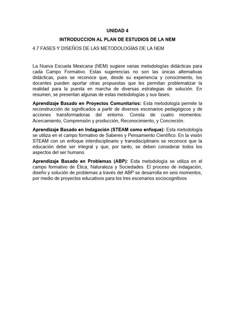 4.7 Fases y Diseños de Las Metodologías de La Nem | PDF