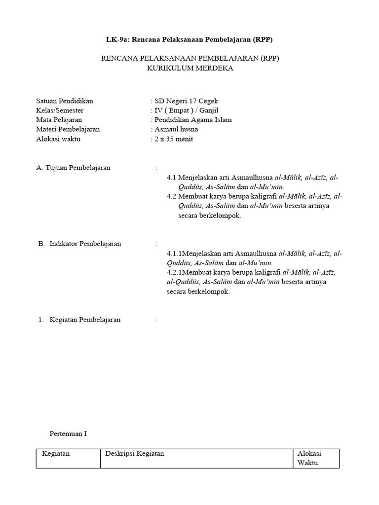 LK 09 RPP PB 2 ASmaul Husna Ok | PDF