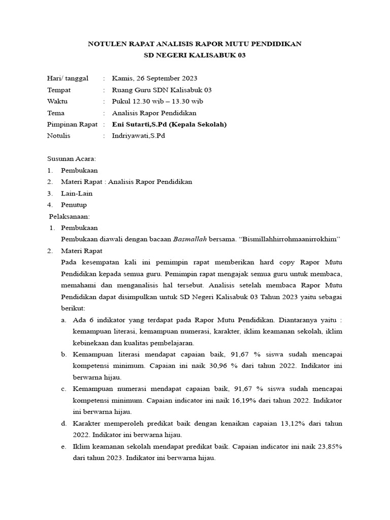 Contoh Notulen Rapat Analisis Rapor Mutu Pendidikan | PDF | Karier ...