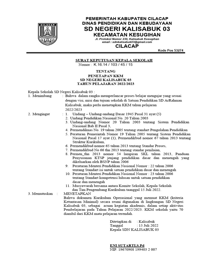 SK Kepala Sekolah Tentang Penetapan KKM | PDF