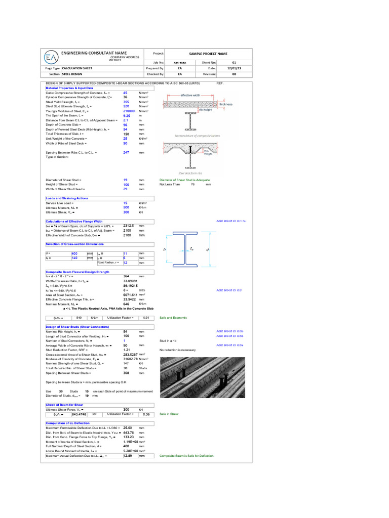 EA - Design of Simply Supported Composite I-Beam Sections AISC 360-05 (LRFD) v1.0 | PDF | Beam ...