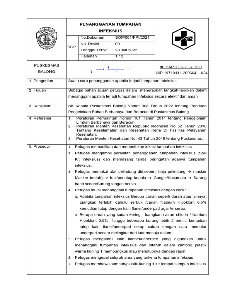 Sop Penanganan Tumpahan Infeksius | PDF | Kesehatan Holistik | Sains & Matematika