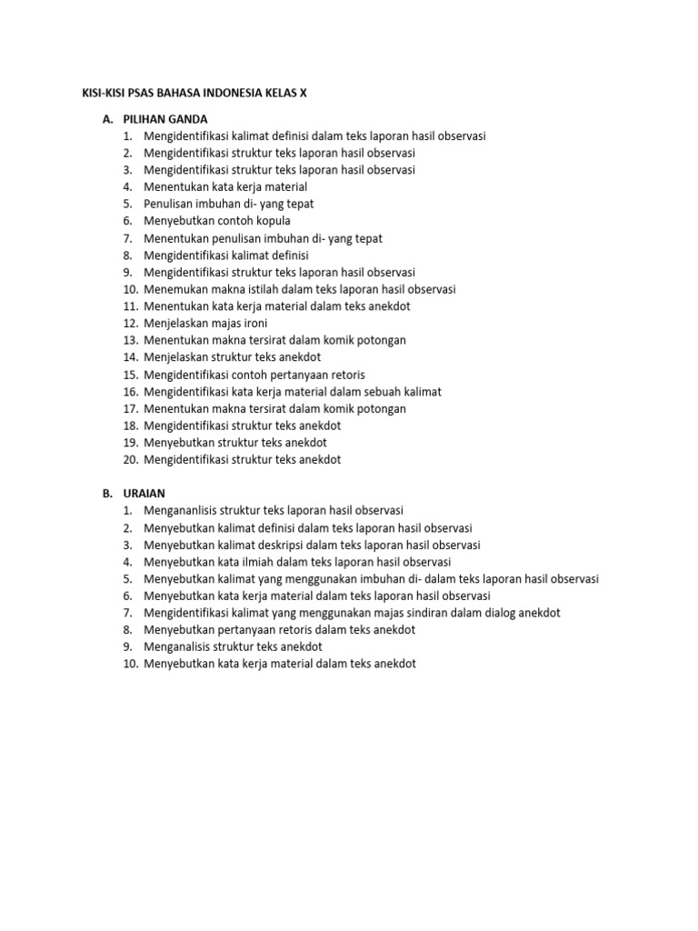 Kisi-Kisi Psas Kelas X 2023-2024 | PDF | Seni & Disiplin Bahasa