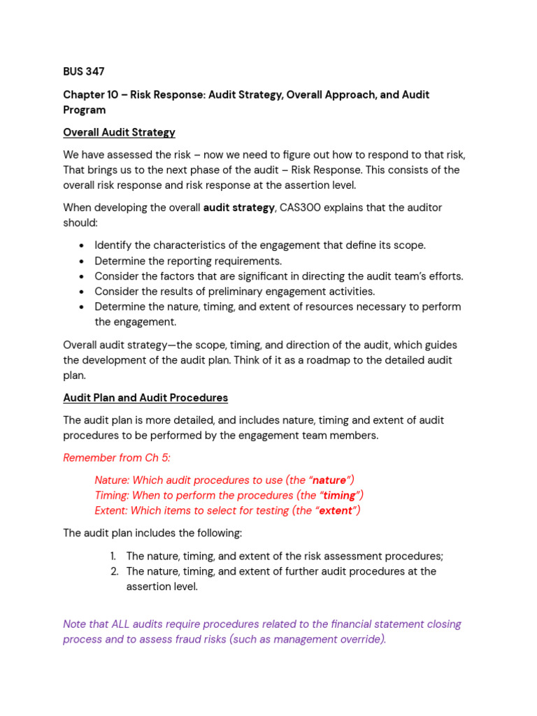 Chapter 10 - Risk Response Audit Strategy Approach and Program - Notes ...
