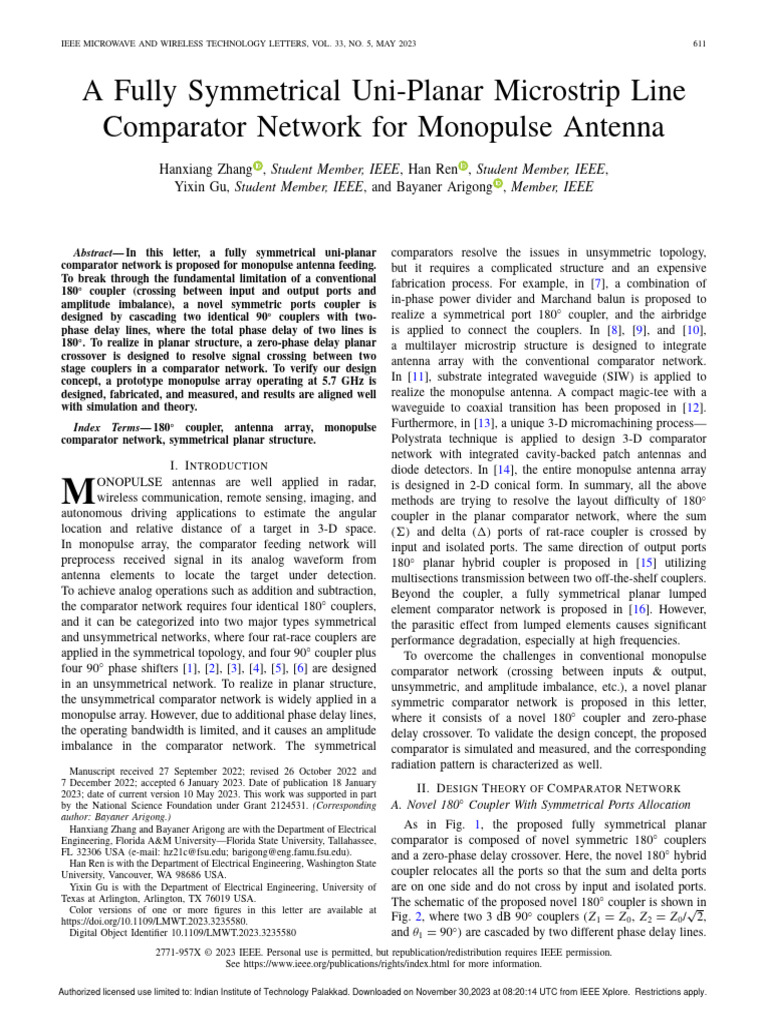 A Fully Symmetrical Uni-Planar Microstrip Line Comparator Network For Monopulse Antenna | PDF ...