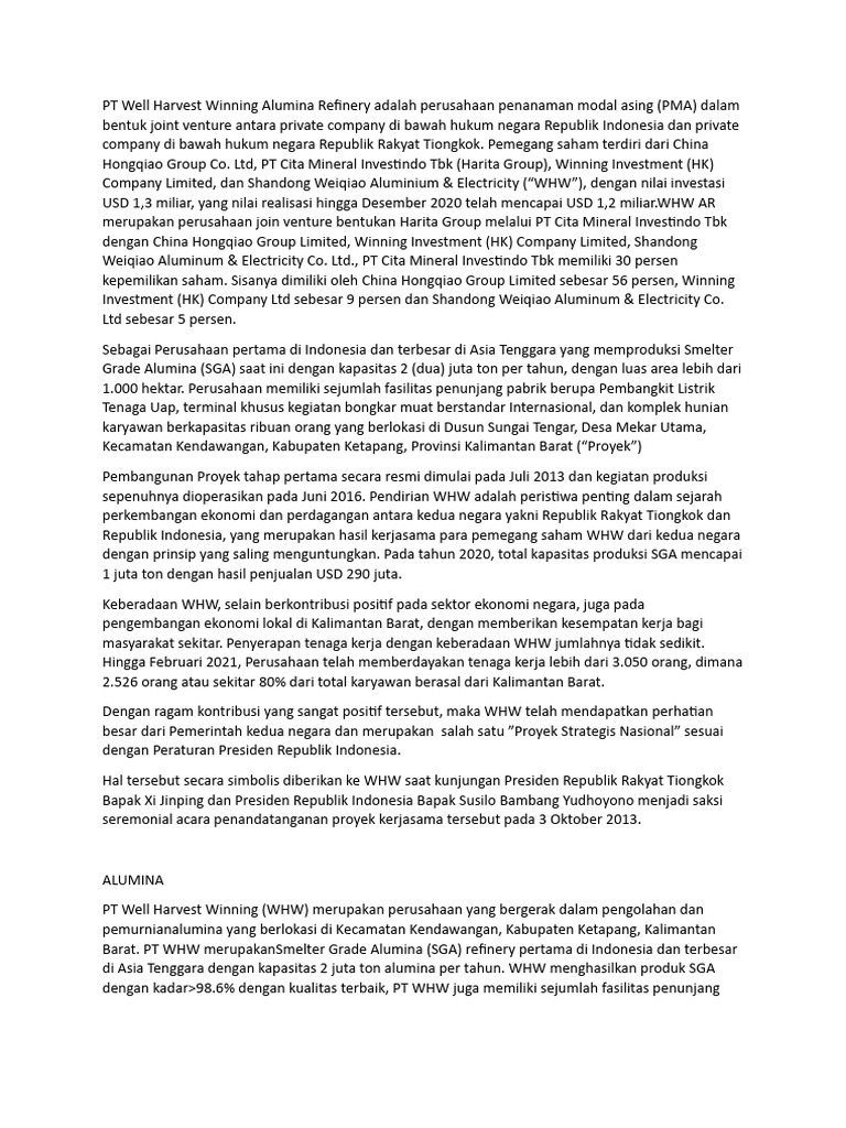 Profil PT Well Harvest Winning Alumina | PDF