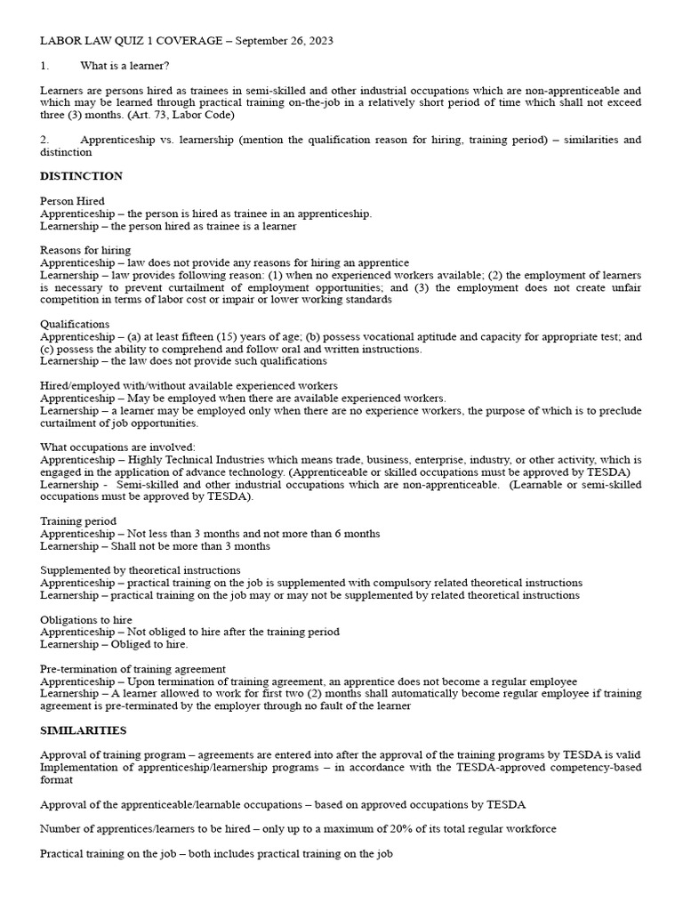Labor Law Quiz 1 Coverage | PDF | Apprenticeship | Employment