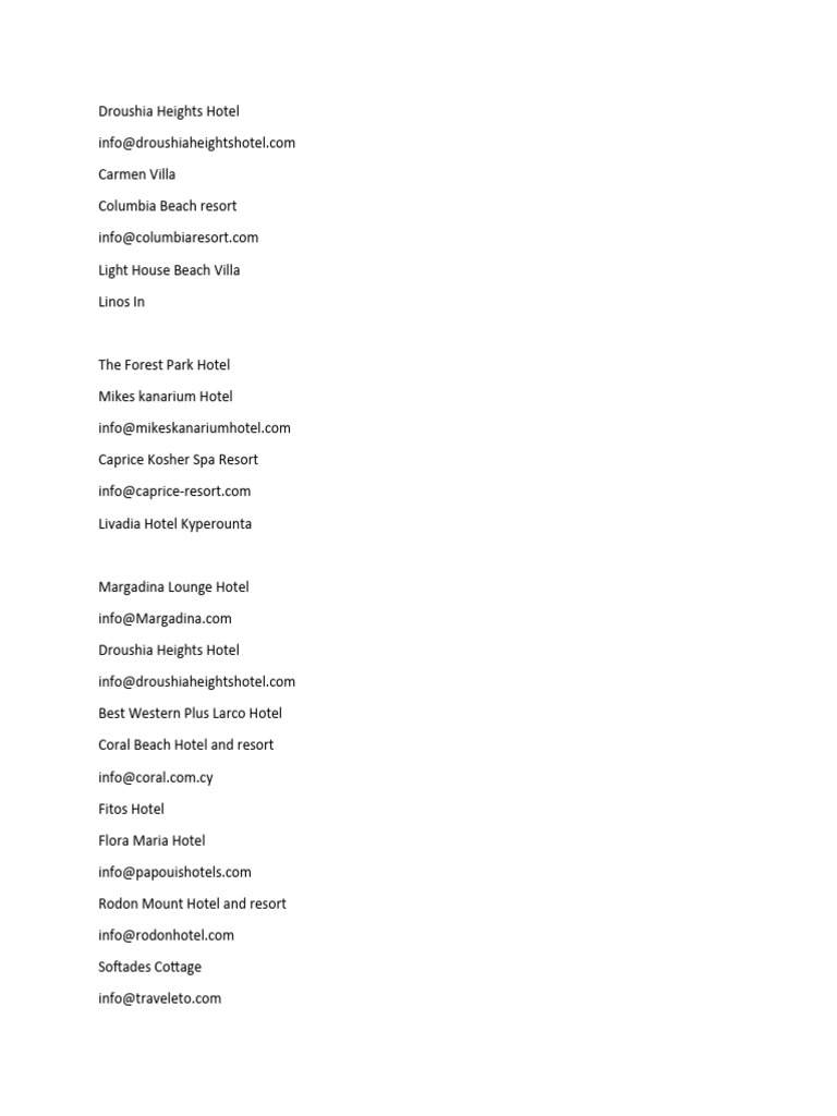 Cyprus Hotel Contact Directory | PDF | Business