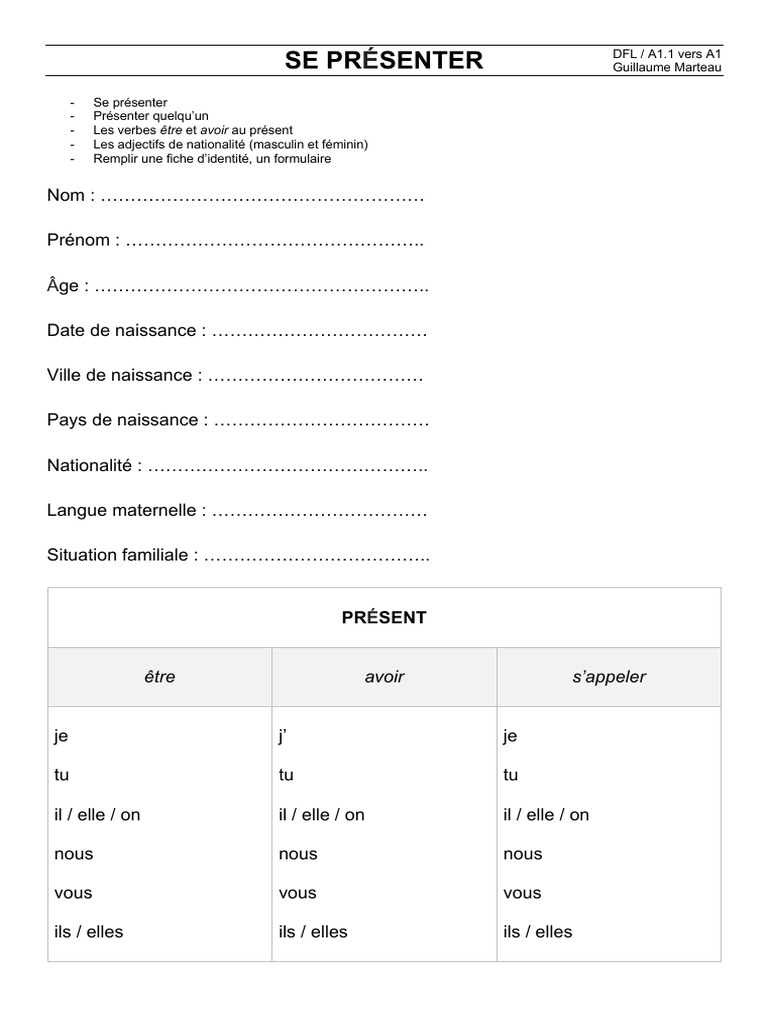 Se Présenter A1.1 Vers A1 | PDF | Linguistique
