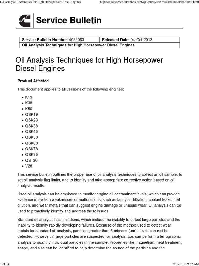 Cummins SB 4022060-Oil Analysis Techniques For High Horsepower Diesel ...