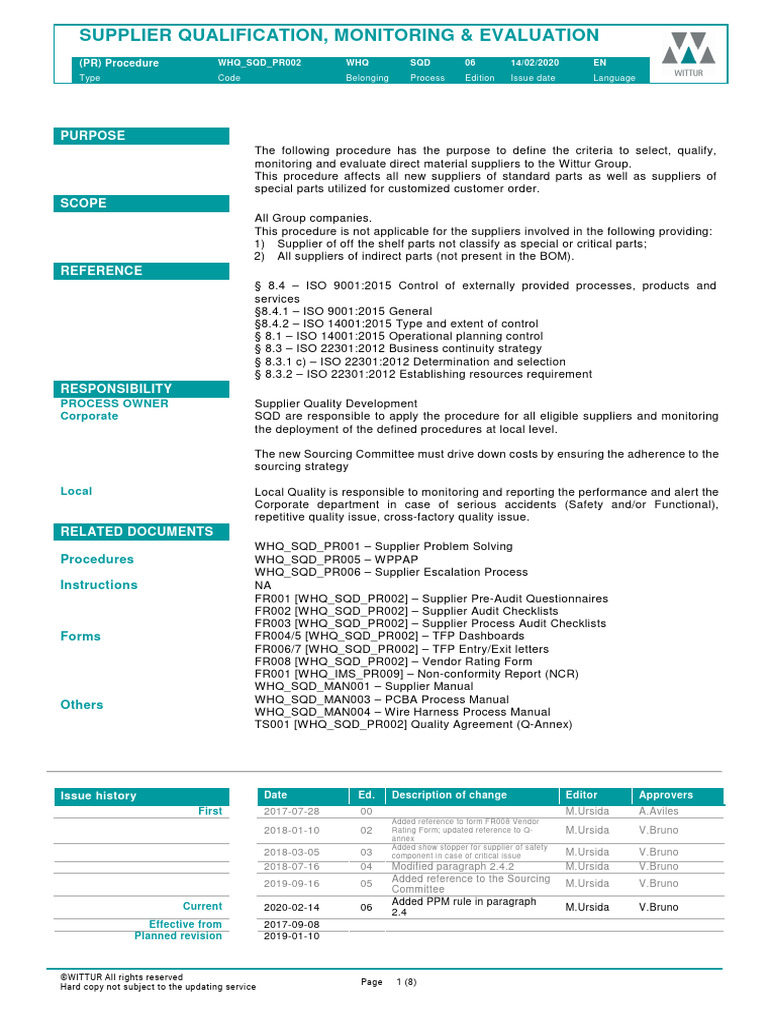 WHQ SQD PR002 - Supplier Qualification Monitoring r6 | PDF | Supply Chain | Specification ...