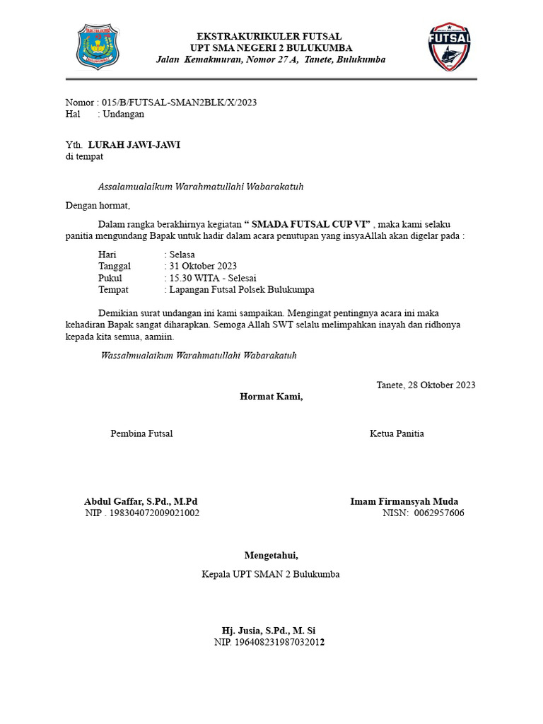 Surat Undangan Guru Menghadiri Kegiatan Futsal | PDF