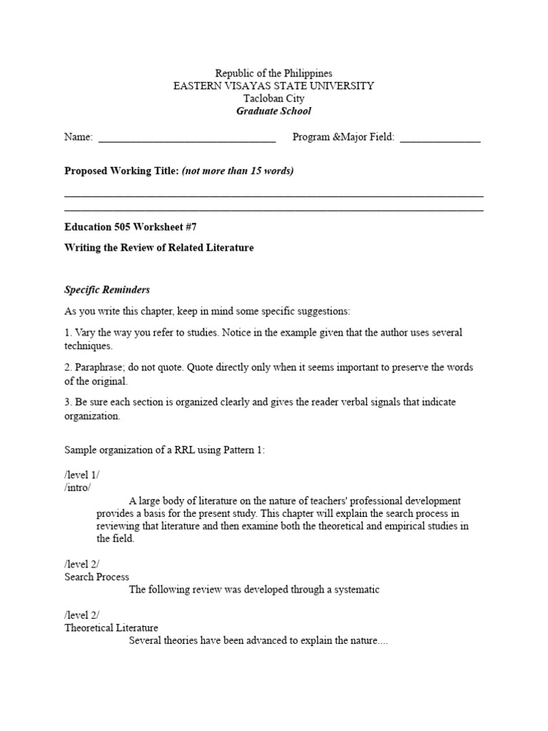 Education 505 Worksheet No. 7 Writing The RRL | PDF