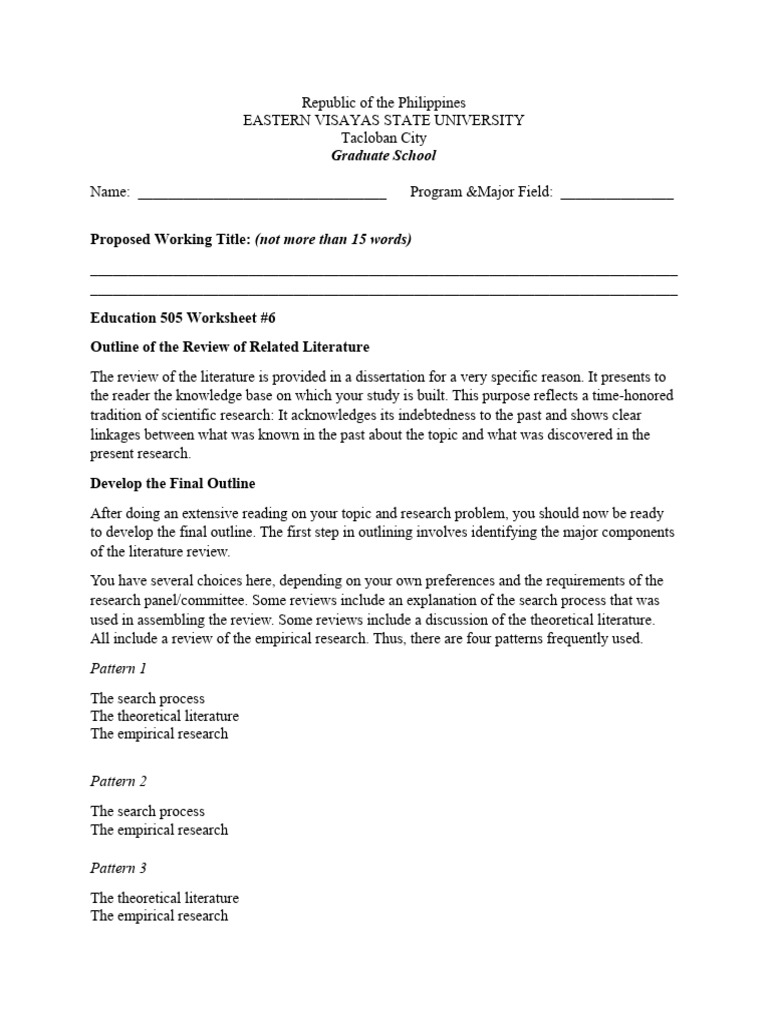 Education 505 Worksheet No. 6 Outline of The RRL | PDF | Empirical ...
