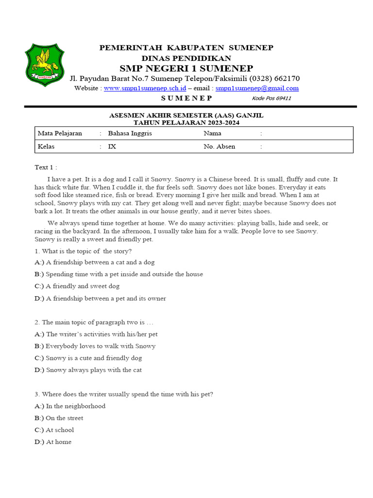 T. Naskah Soal AAS 2023 Bhs Inggris Kls IX | PDF | Owl | Organisms