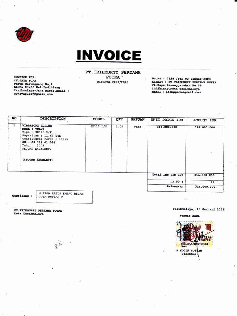 Invoice Vibratory Roller Volvo 11,64 Ton | PDF