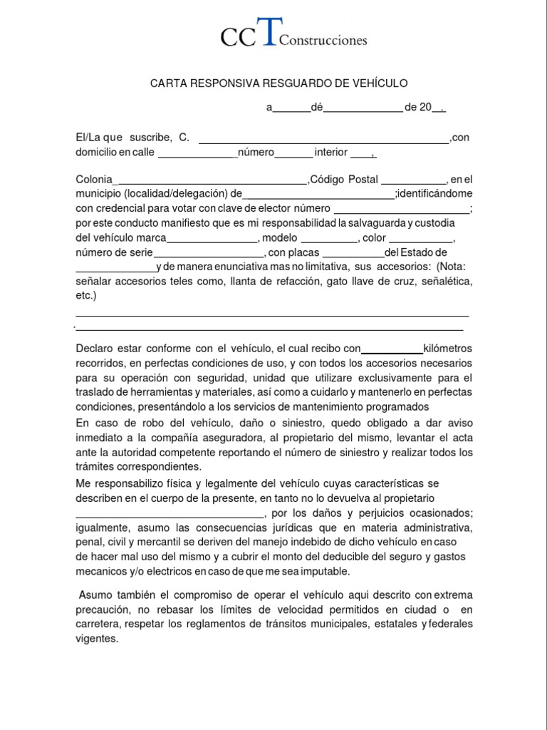 Carta Responsiva | Descargar gratis PDF | Vehículos | Vehículo de motor