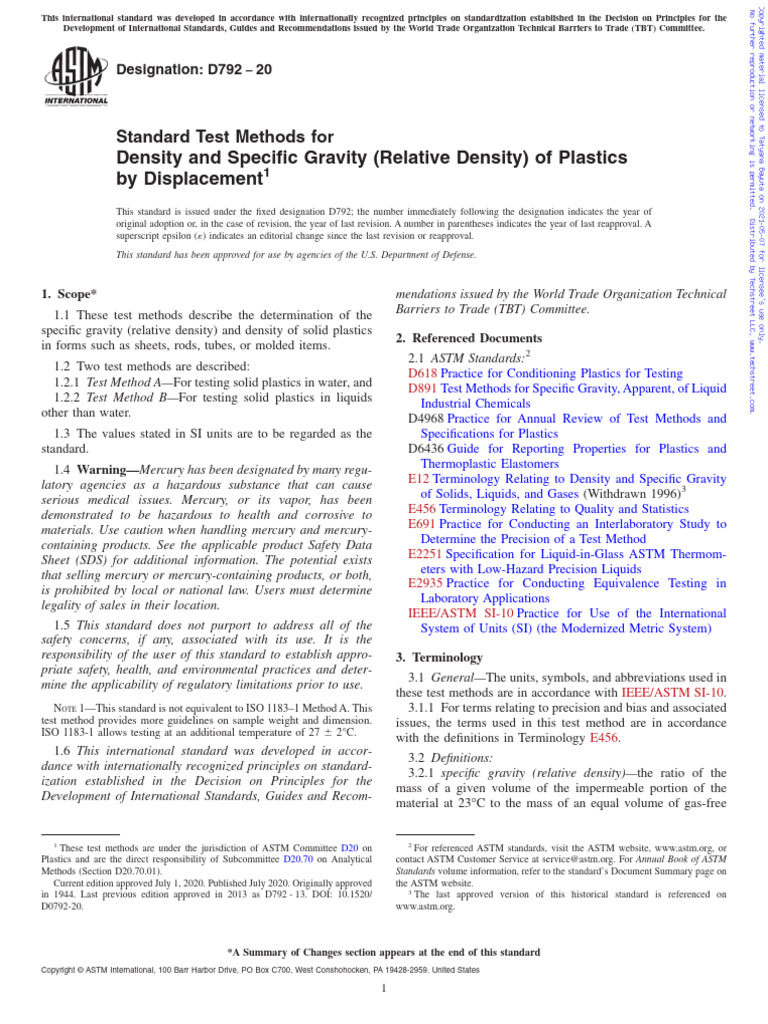 Astm D792-20 | PDF | Density | Weighing Scale