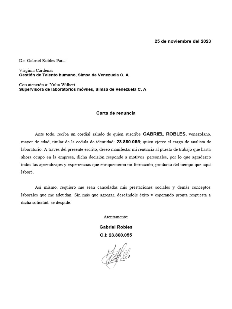 Carta de renuncia de Gabriel Robles | PDF