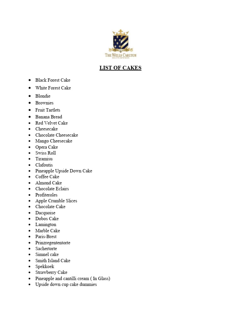 List of Cakes | PDF | Cooking, Food & Wine