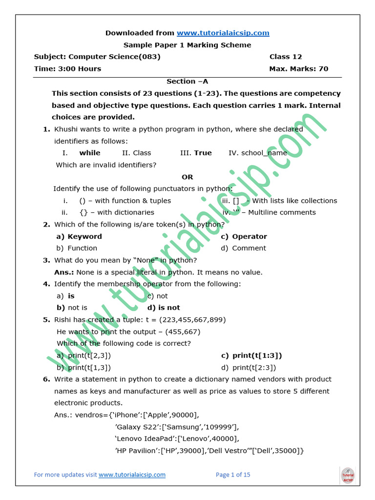 Half Yearly 2022 Answer Key With Masrking Scheme Sample Paper 1 Pdf Parameter Computer
